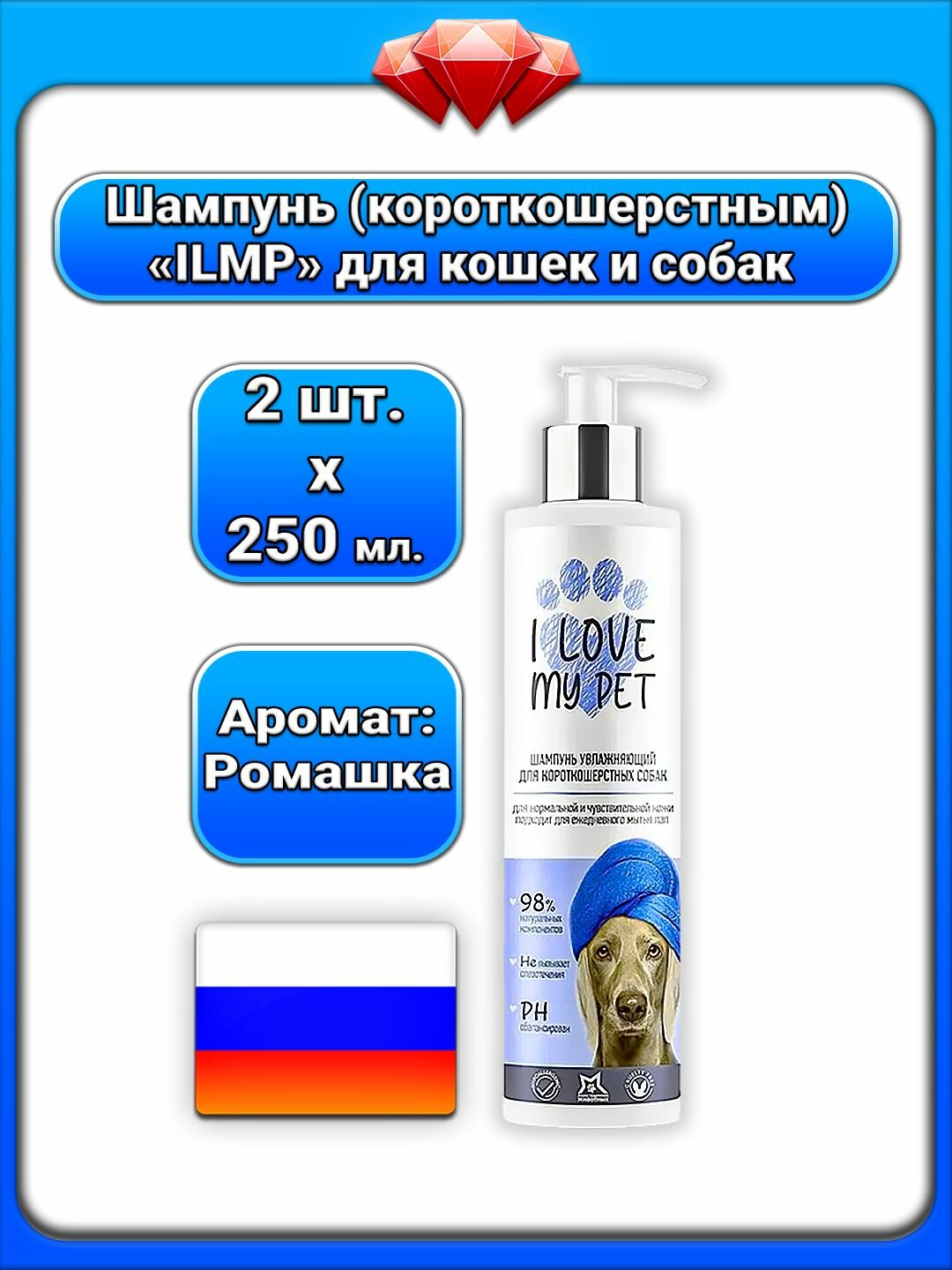 (2 x 250 мл) / I LOVE MY PET, Шампунь для короткошерстных собак, гипоаллергенный, с пантенолом и ромашкой, мягкое очищение, увлажнение и защита шерсти, натуральный состав