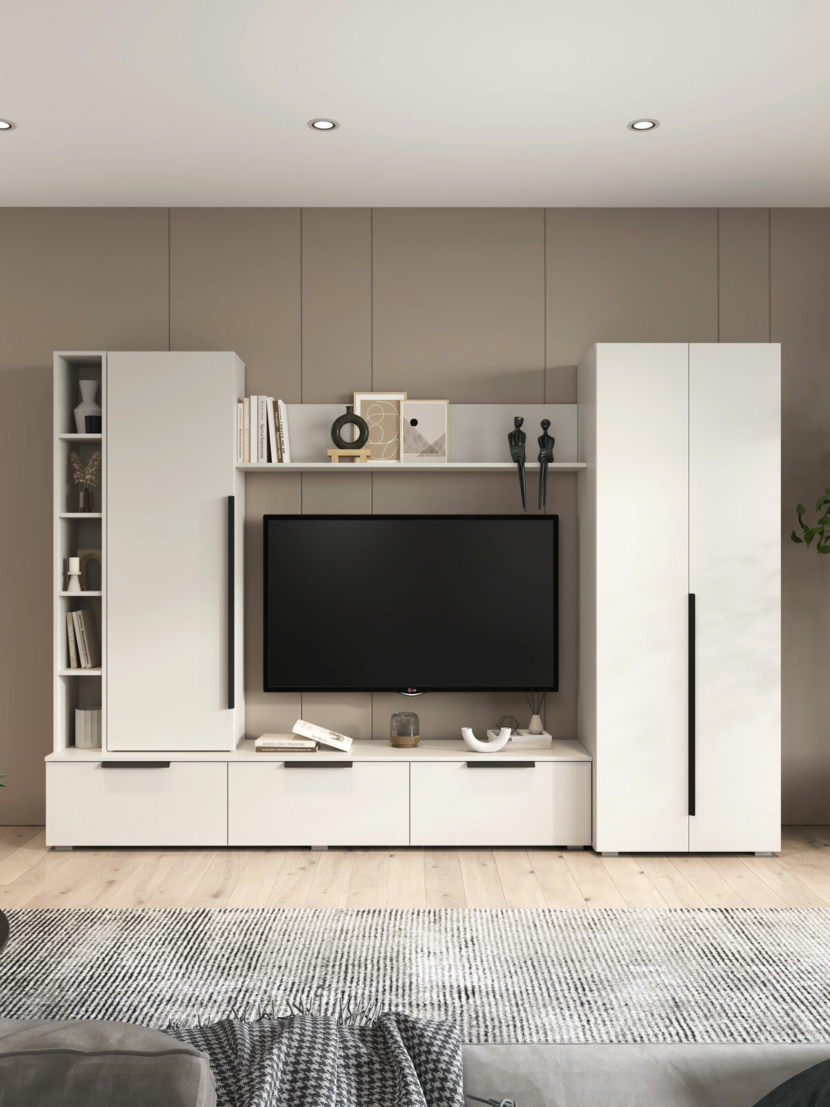 Гостиная комплект Аккорд Макси, ТВ-тумба, шкаф, настенная полка, с полками, со штангой, 268.8х49х186.2 см, Белый