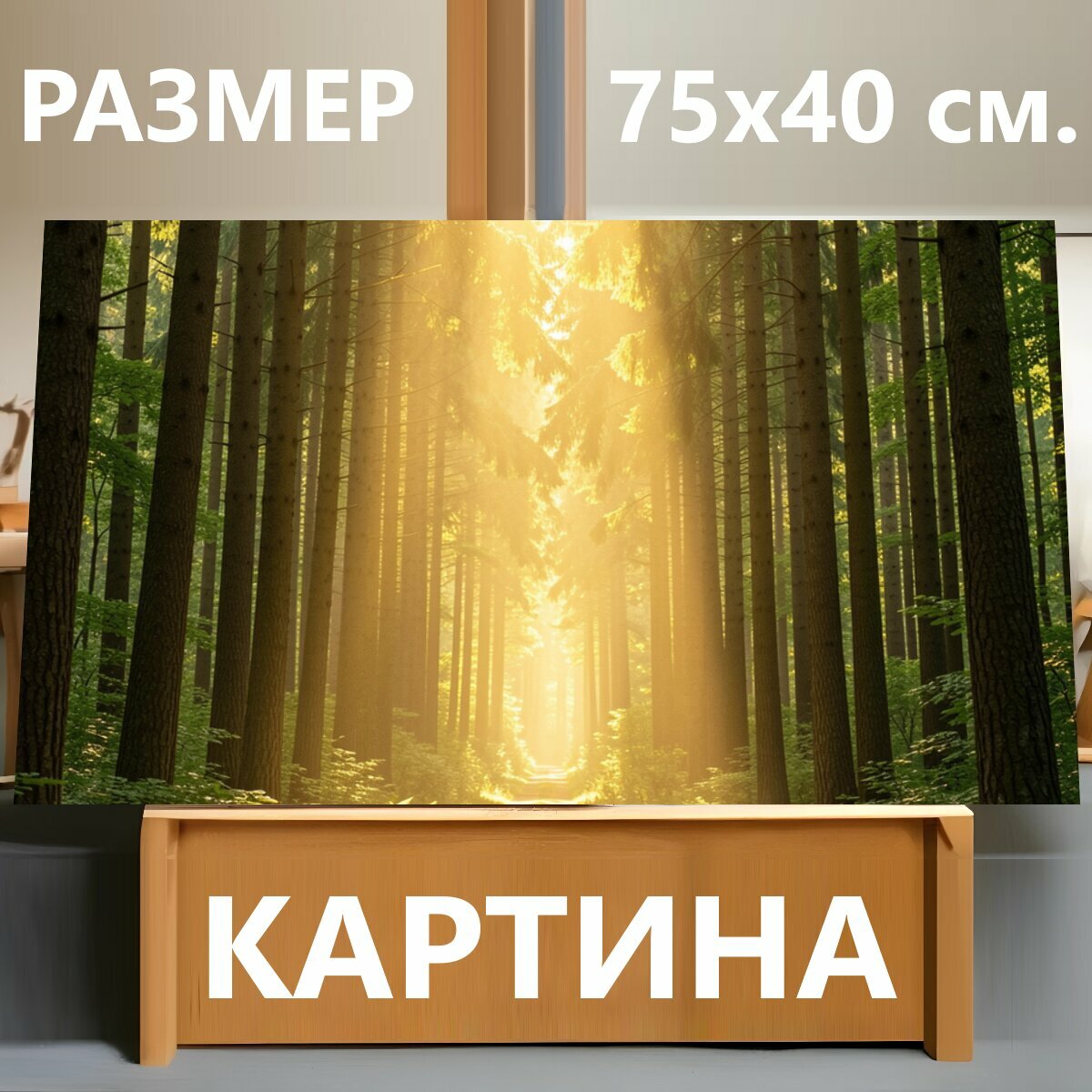 Картина на холсте "Солнечная тропа в хвойном лесу. Узкая лесная дорожка среди высоких сосен, залитая тёплыми золотыми лучами сквозь кроны." на подрамнике 75х40 см. для интерьера