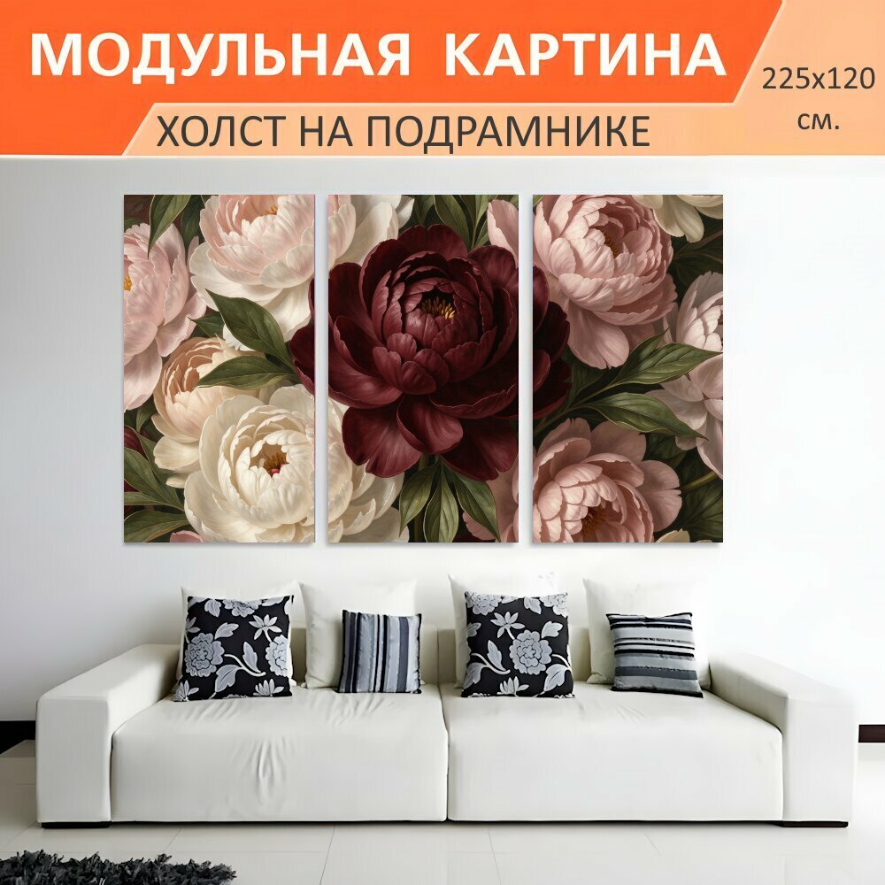 Модульная картина на холсте "Роскошные пионы в цветочном узоре. Богатая цветочная композиция с крупными махровыми бутонами в." триптих на подрамнике 225х120 см. для интерьера