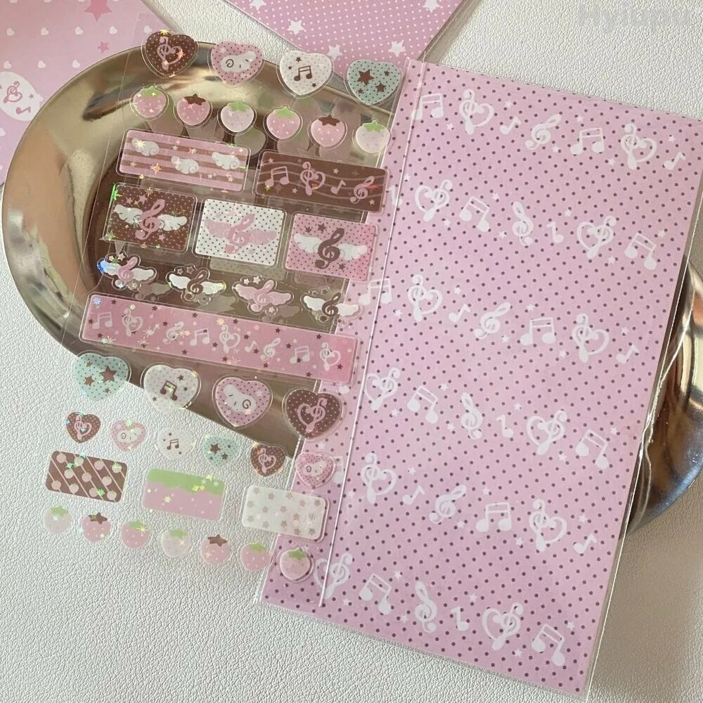 Оригинальные наклейки для телефона "Ноты и клубника" (розово-коричневая гамма, с блестками)