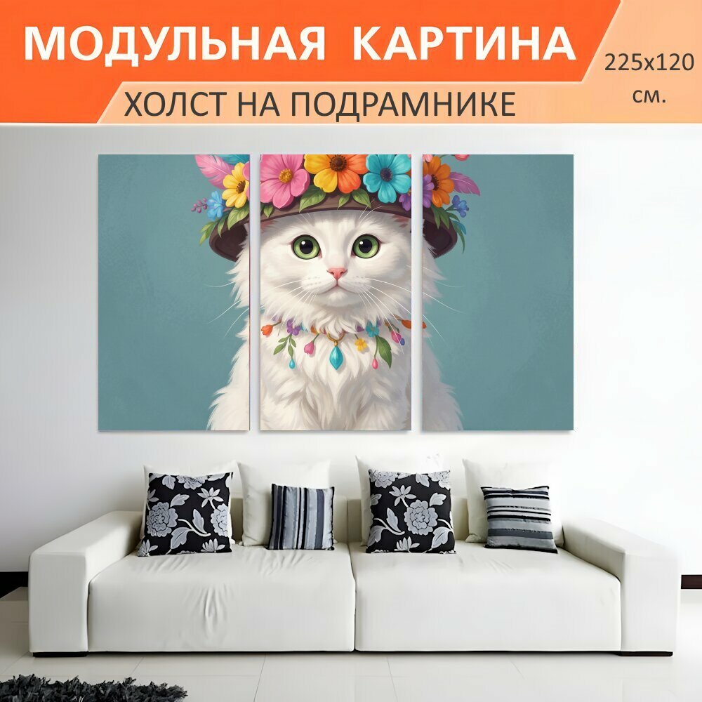 Модульная картина на холсте "Белый кот в цветочном венке. Очаровательный пушистый питомец с большими зелёными глазами и яркой." триптих на подрамнике 225х120 см. для интерьера