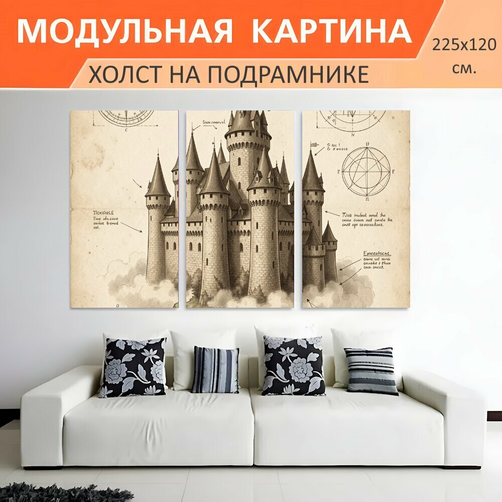 Модульная картина на холсте "Средневековый замок на старинном чертеже. Величественная башенная крепость в винтажной технике." триптих на подрамнике 225х120 см. для интерьера