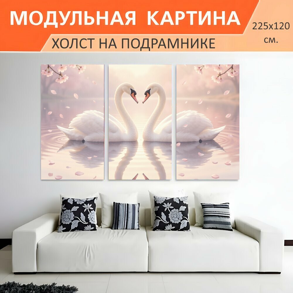 Модульная картина на холсте "Пара лебедей в цветущем саду. Нежная романтическая сцена с двумя белоснежными птицами на спокойной воде." триптих на подрамнике 225х120 см. для интерьера