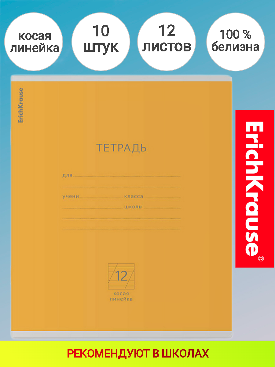 Тетрадь школьная ученическая ErichKrause® Классика 12 листов, косая линейка (в плёнке по 10 шт.)