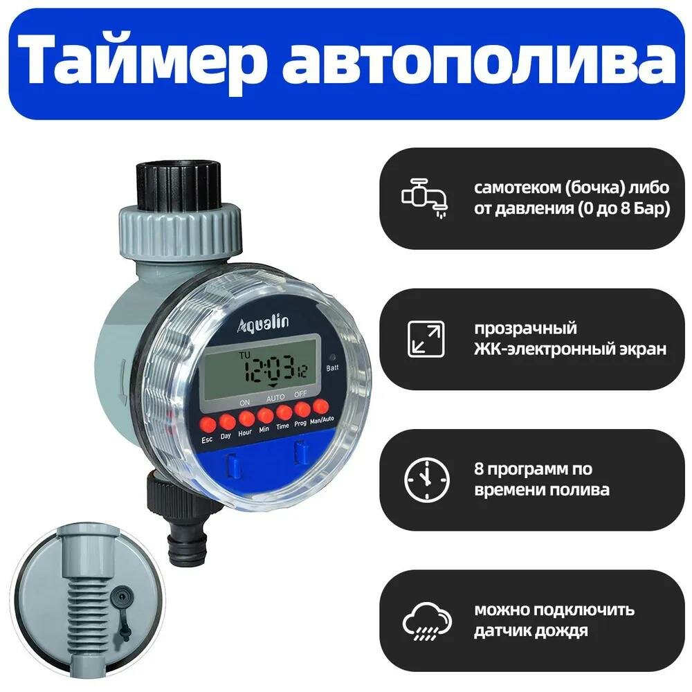 SmartFlow Irrigation Timer - Контроллер полива для сада с 8 программами, совместимость с дождевым сенсором, ручной/автоматический режимы для кранов 3/4 дюйма, серый цвет, 1 шт, работа от 2 батареек AAA 1,5V щелочных, размер 9,0*9,0*16,5 см, вес 280 г,