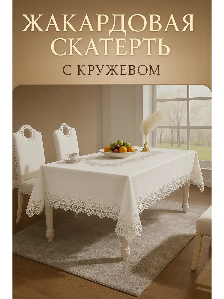 Льняная скатерть с кружевом для стола, размер 150×220