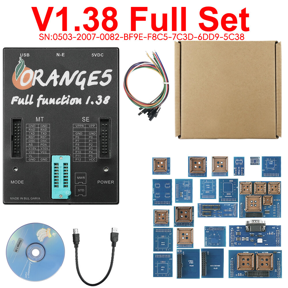 Orange5 V1.38 — программатор ЭБУ с комплектом адаптеров для EEPROM и Immo HPX, интерфейсы I2C/SPI/JTAG, ПО без обновлений (Win XP/7)