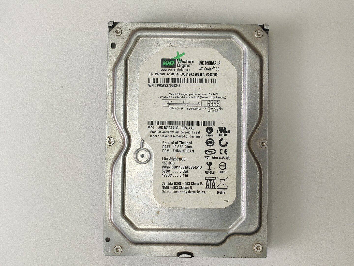 Жесткий диск WD 160 Gb 7200 rpm SATA, нет перенесенных, 1 бэд