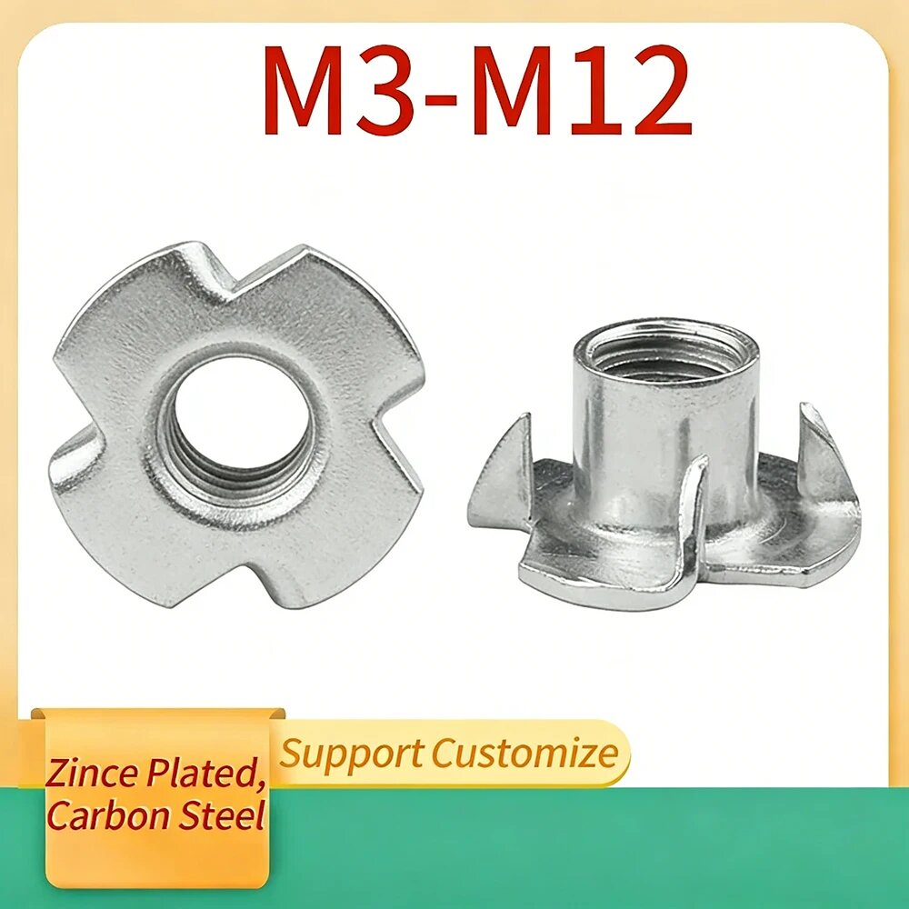 Гайки-вставки T-образные оцинкованные 4-х когтевые M3-M12 M6, 20pcs(Custom)