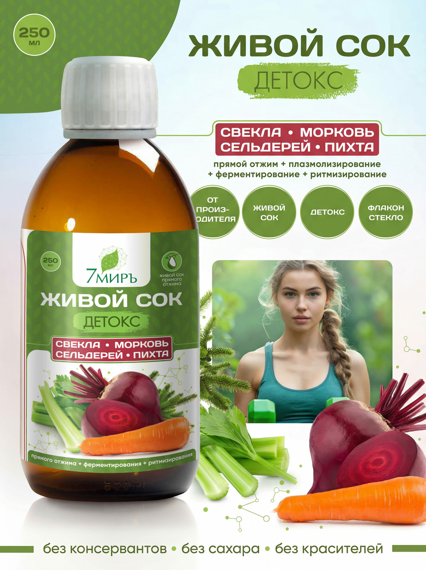 Детокс! Живой Фито сок детокс Свекла + Морковь + Сельдерей + Пихта прямой отжим + плазмолизирование + ферментирование + ритмизирование, 250 мл 7МИРЪ / органикмиръ