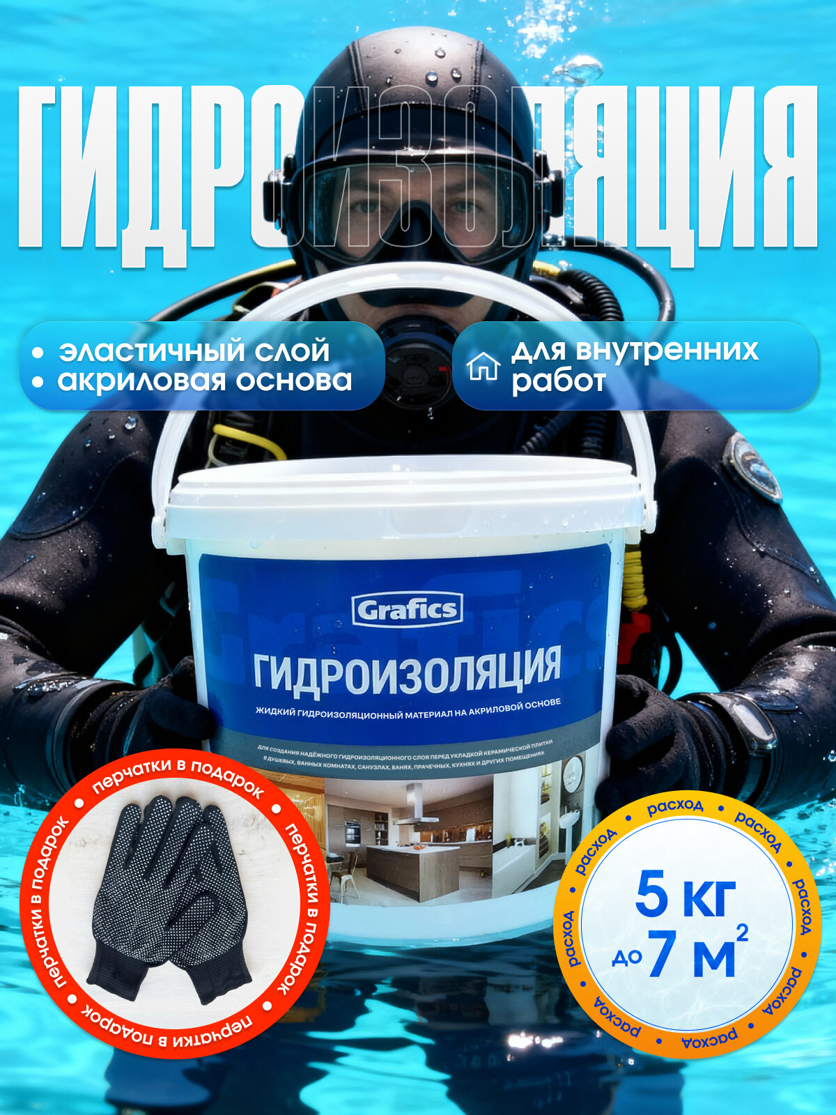 Гидроизоляция для ванной, под плитку и для влажных помещений, Grafics акриловая, 5кг