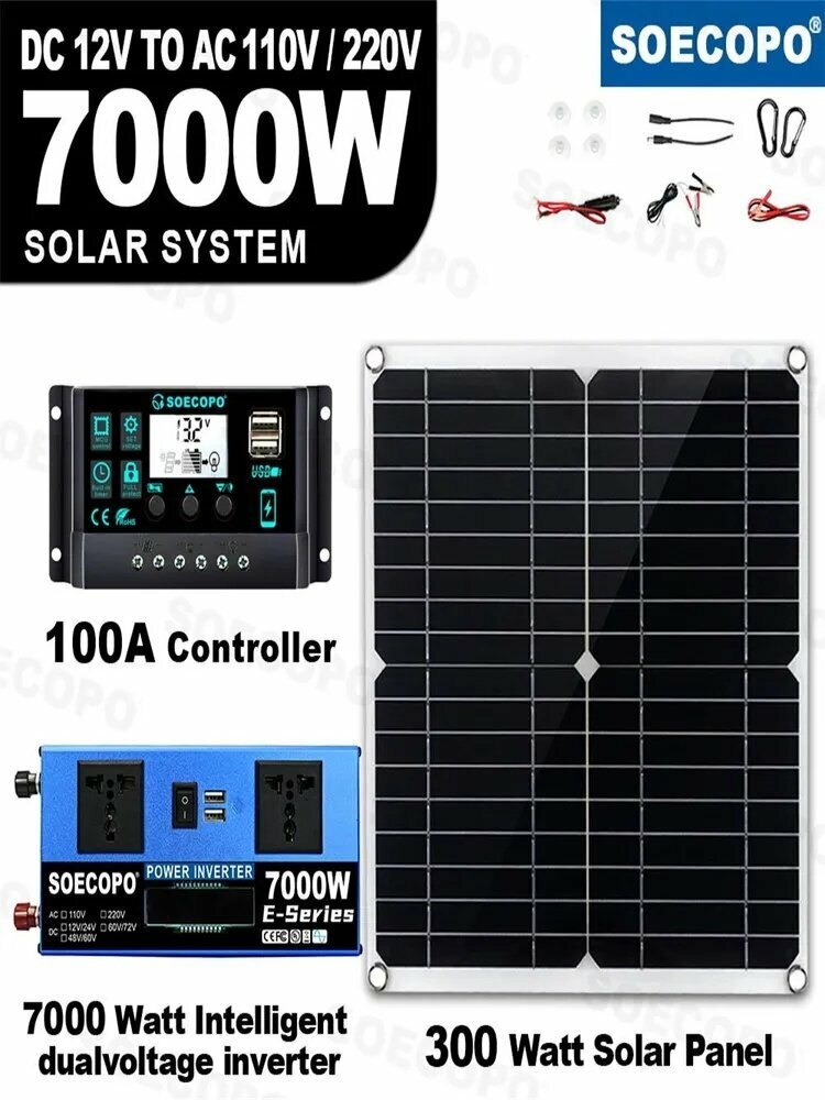 Солнечная энергосистема 7000 Вт Полный комплект Dual12v24V до 220V 100A Контроллер 200 Вт Панель Система вне сети для дома/кемпинга резервного копирования