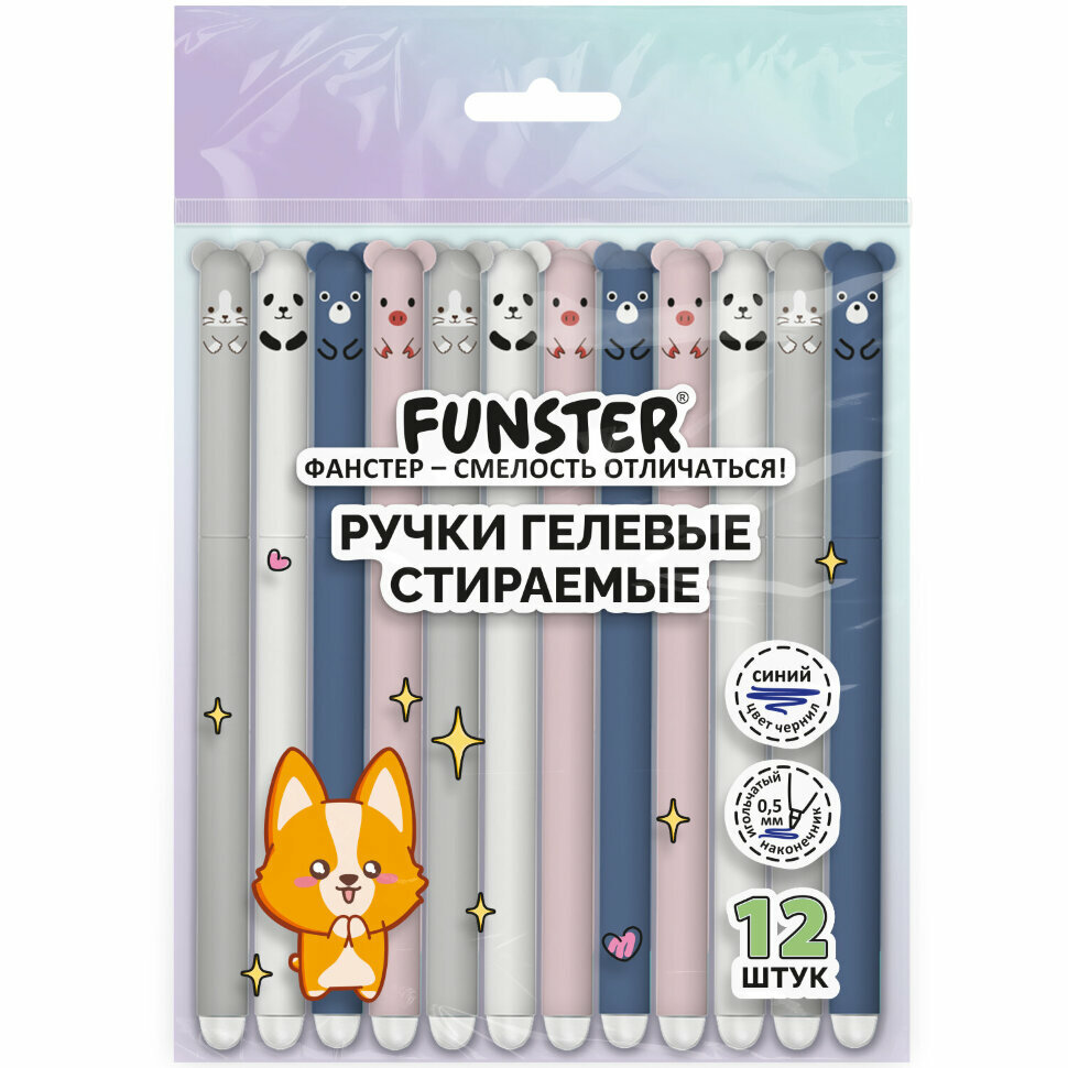 Ручки гелевые стираемые FUNSTER (фанстер) "CUTE ANIMALS", синие, набор 12 ШТ, корпус soft-touch, узел 0,5 мм, линия письма 0,35 мм, 144435, 144435