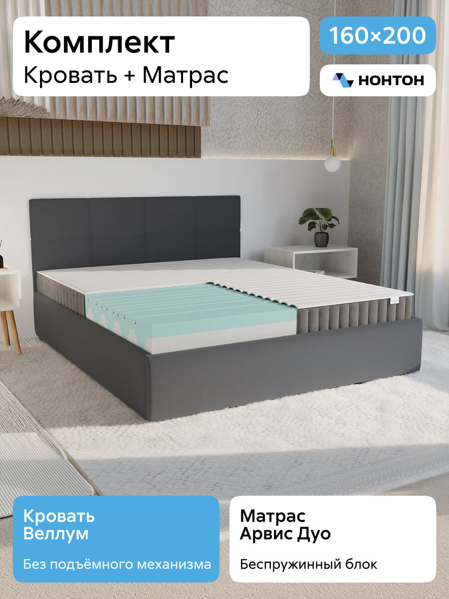 Кровать двуспальная Нонтон Веллум, 160x200 см, настил, Матрас Арвис Дуо, велюр темно-серый