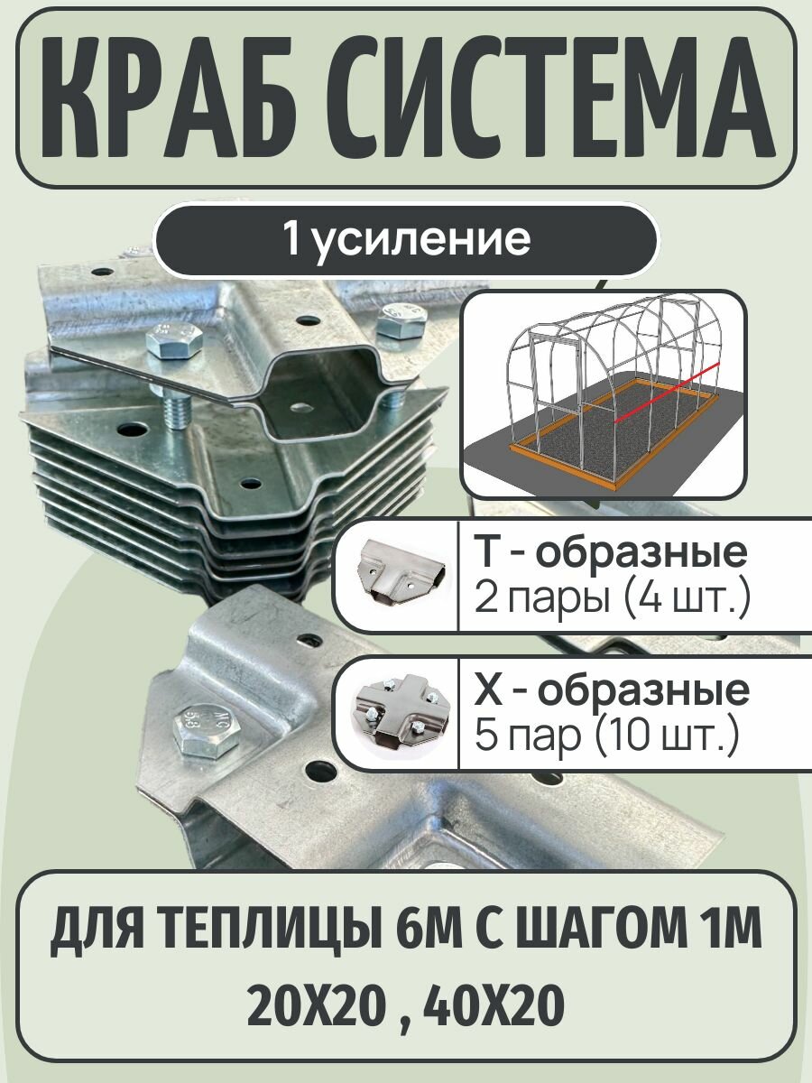 Краб система для теплицы 6м шаг 1м, 1 усиление, Т и Х соединители, усиление каркаса, труба 20х20 40х20
