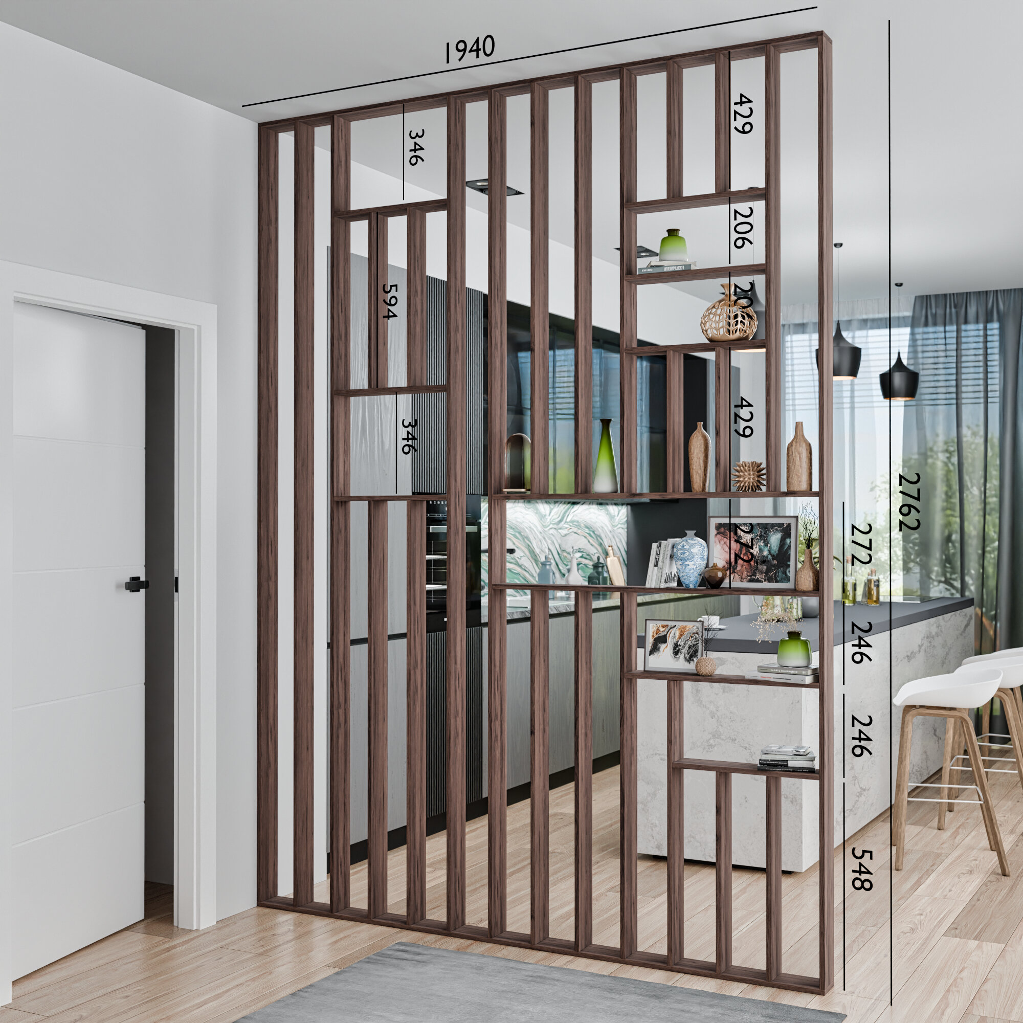 Реечная перегородка с полками для зонирования 1940 мм, Дуб Катания