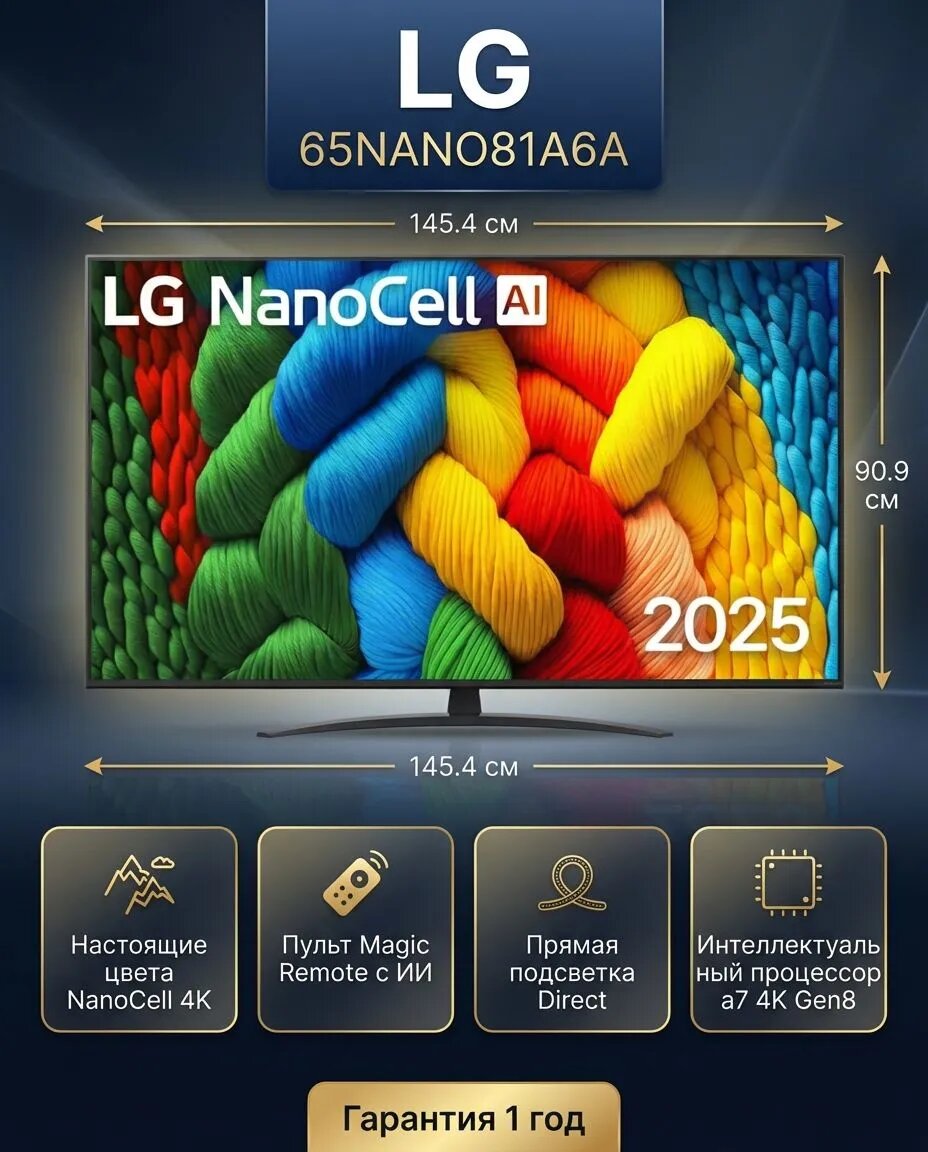 Телевизор LG 65NANO81A6A, диагональ 65", разрешение 4K, технология NanoCell, чёрный