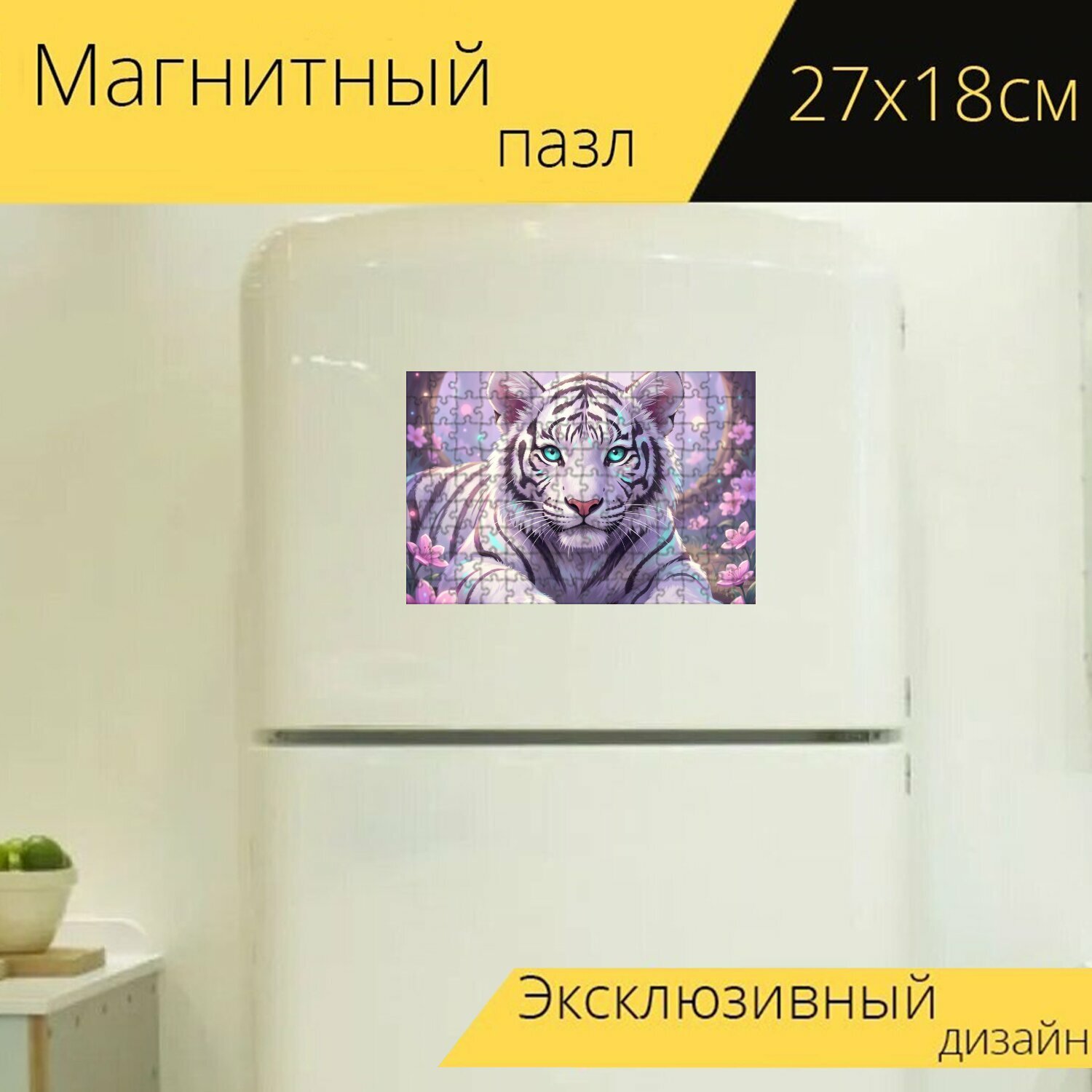 Магнитный пазл "Белый тигр среди цветов. Нежный сказочный арт с белоснежным хищником и яркими розовыми лепестками в волшебном лесу. Лавандовые оттенки." на холодильник 27 x 18 см.