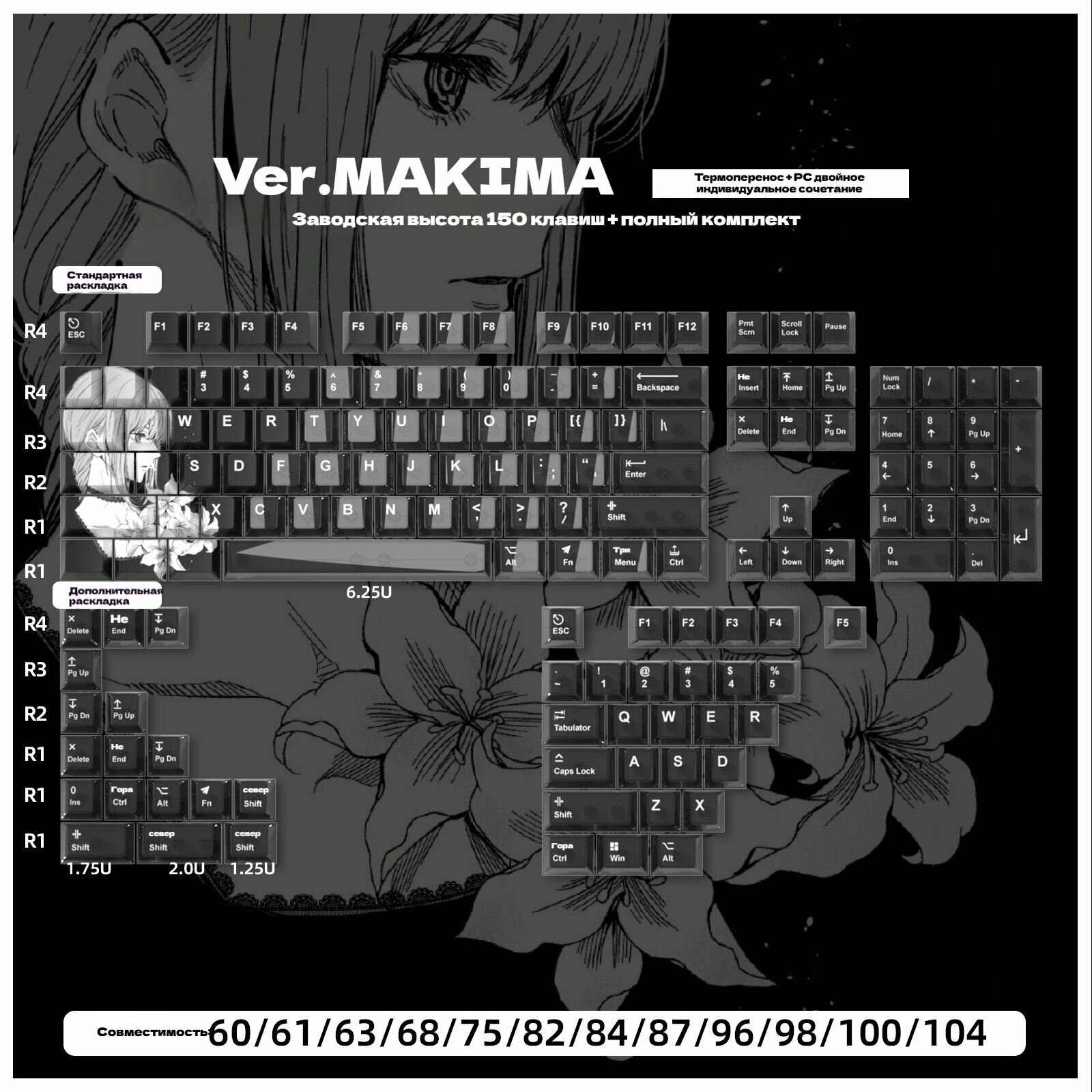 Кейкапы для механической клавиатуры из материала PBT с сублимационной печатью, подходят для с 60/65/75/80/100 клавишами