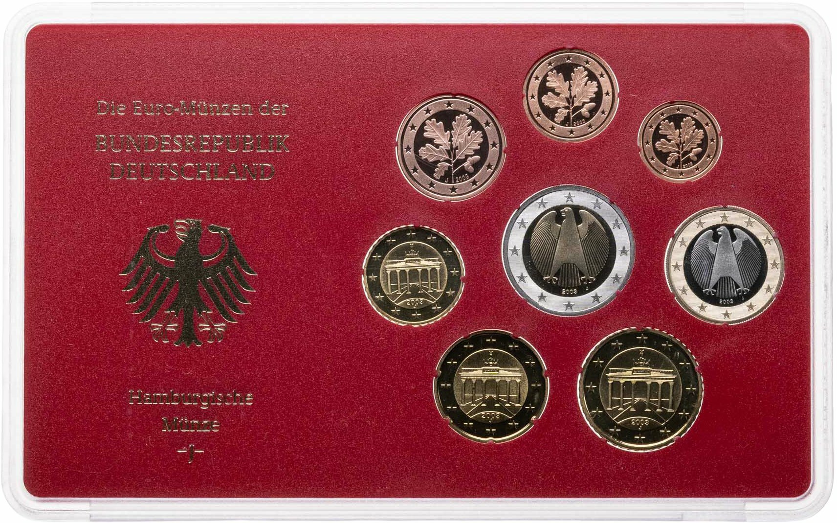 Германия 2003 набор из 8-ми монет евро Proof в официальном пластике Монетный двор Гамбург J, Биметалл, нордик, сталь с медным покрытием
