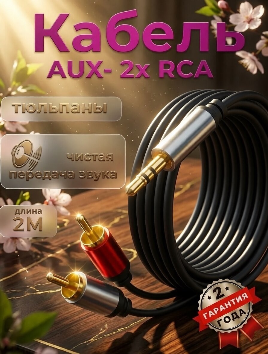 Аудиокабель RUKYBIK AUX-RCA, длина 2м, силикон, для передачи звука без искажений