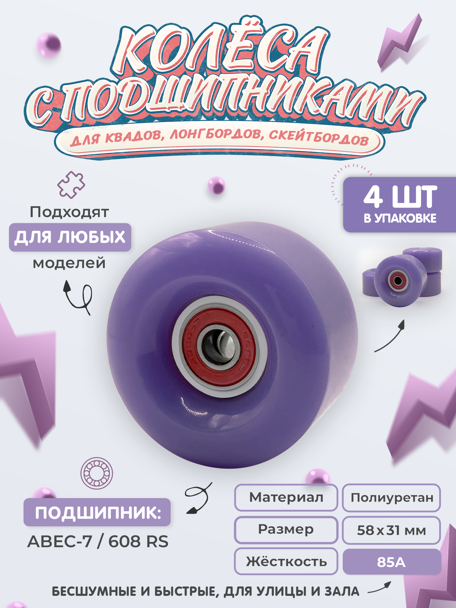 Колёса для квадов с подшипниками 4шт 58x31 мм, 85A, ABEC-7 / Колеса для скейтборда и лонгборда