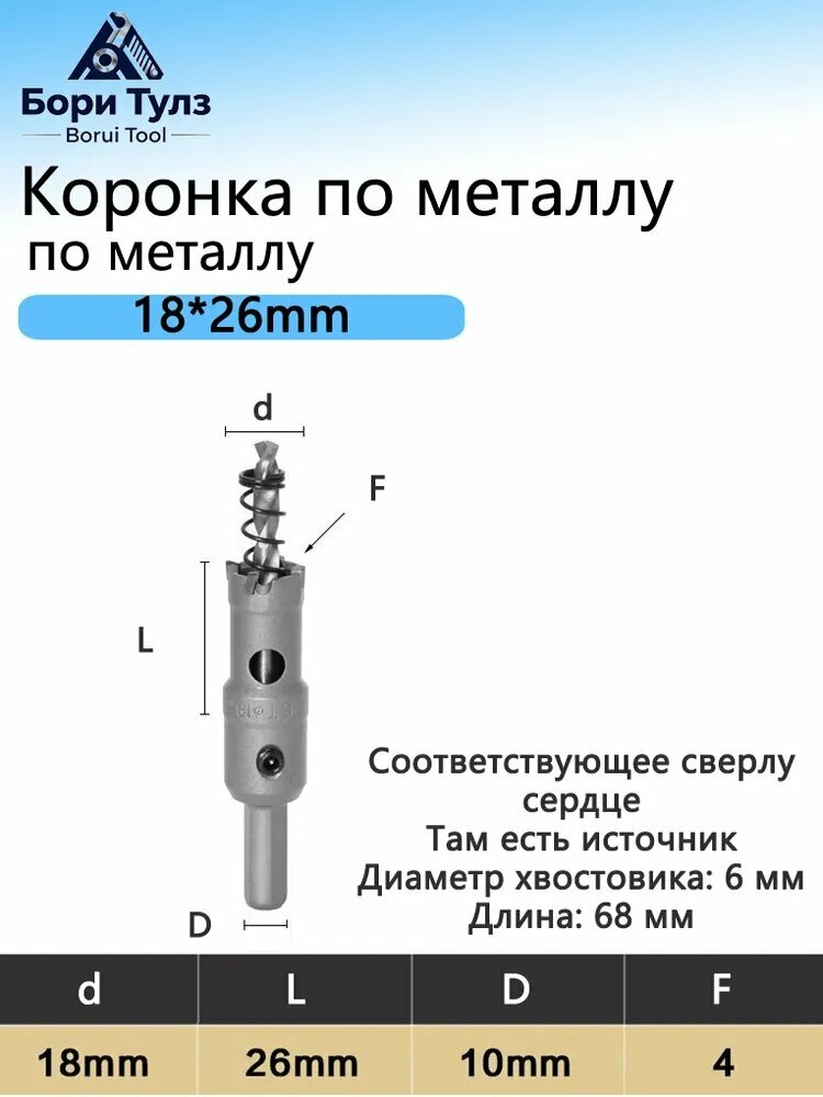Коронка (корончатое сверло) по металлу 18 мм, твердосплавная, с центрирующим сверлом, хвостовик 10mm (трехгранный)