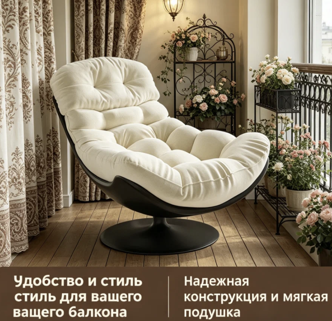 Удобное вращающееся кресло 108*94*88 см с белой спинкой и черным основанием