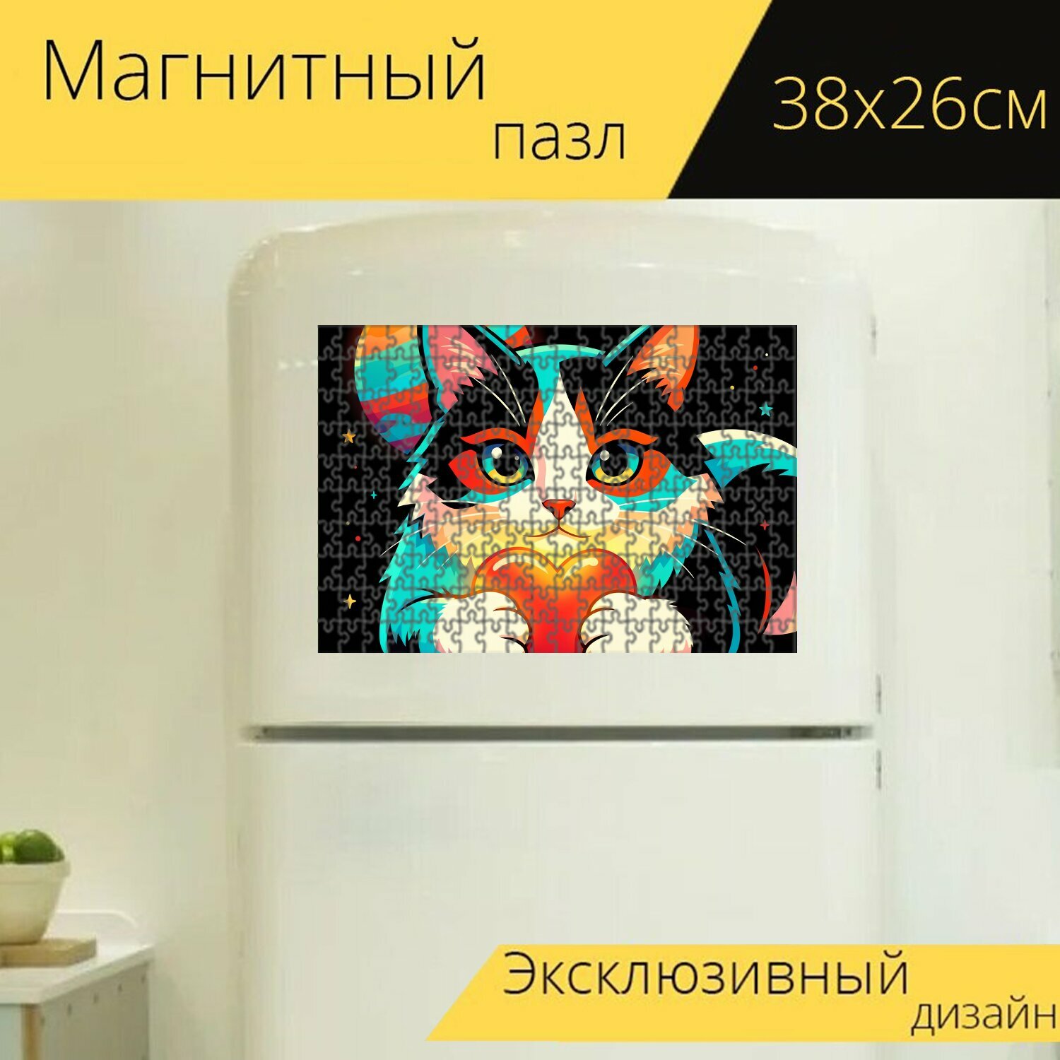 Магнитный пазл "Космический кот с сердцем. Яркий мультяшный котенок в неоновом стиле держит алое сердечко на фоне звезд и разноцветной планеты. Милый." для интерьера, 38х26 см.