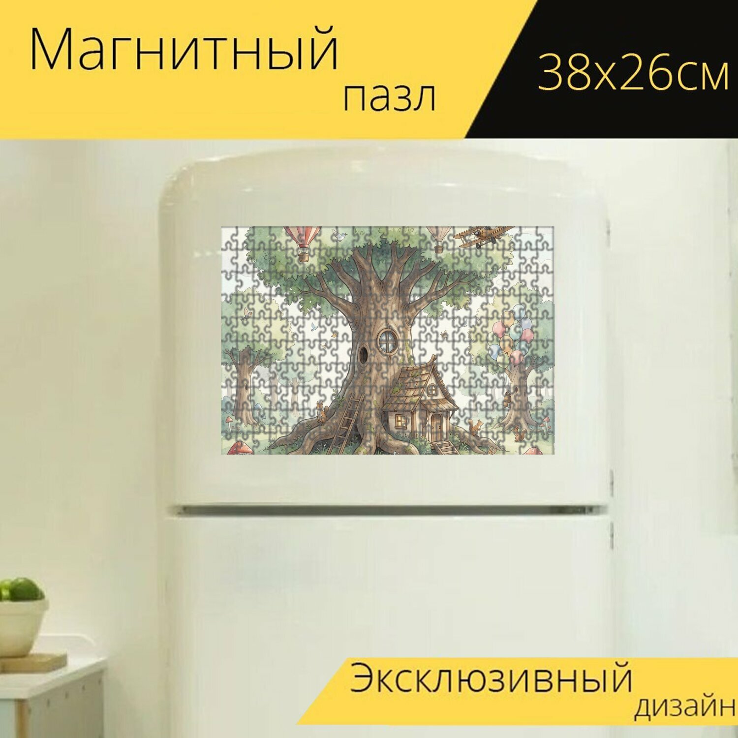 Магнитный пазл "Сказочное дерево с домиком. Акварельная лесная иллюстрация: уютное жилище в стволе, белки, кролики, птицы, грибы, воздушные шары и старинный." для интерьера, 38х26 см.