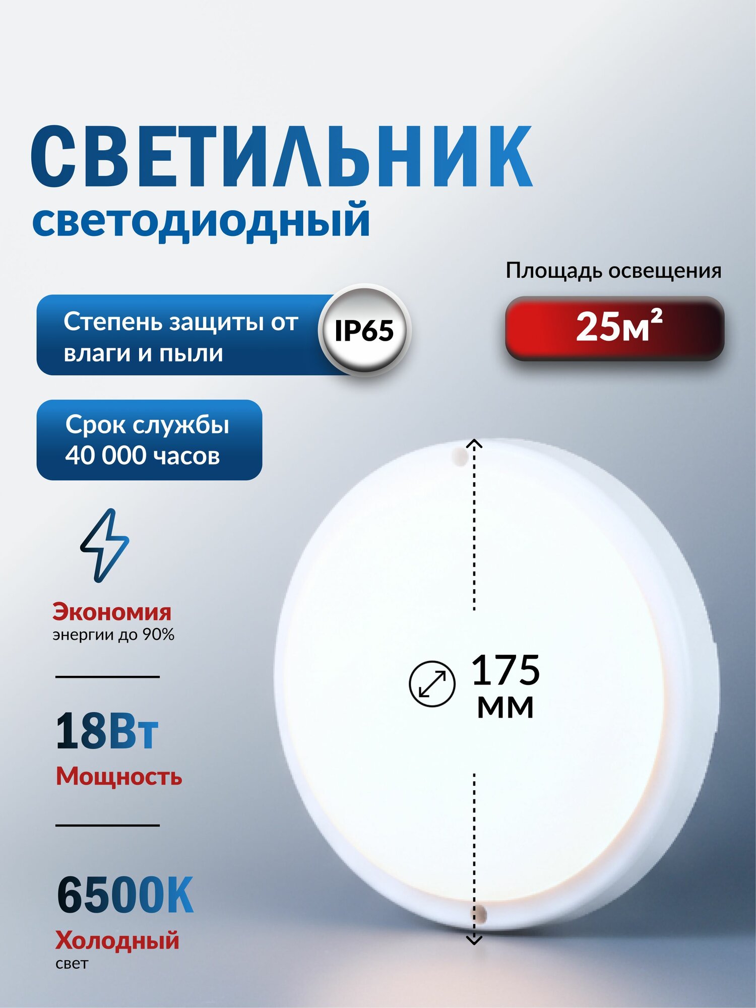 IONICH Светодиодный ЖКХ светильник влагозащитный IP65, круглый, 18Вт 6500к