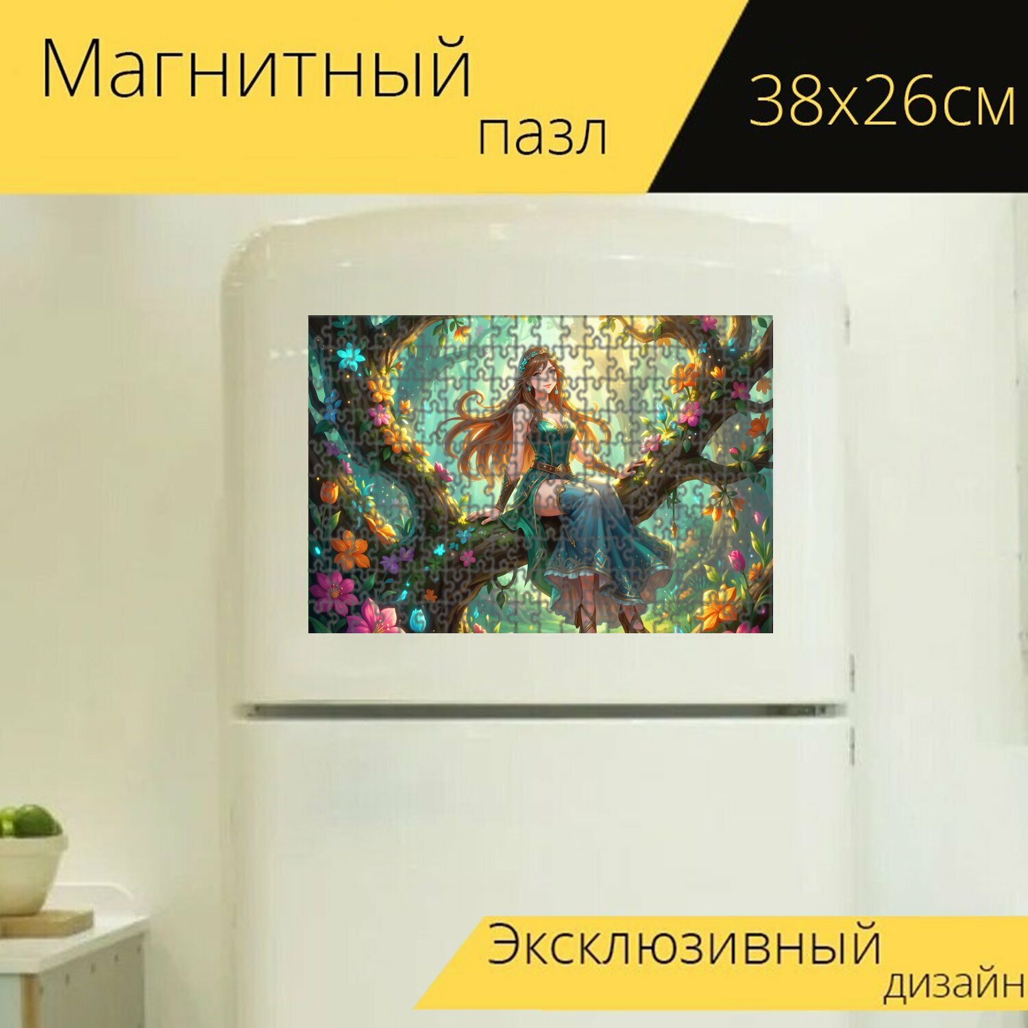 Магнитный пазл "Лесная фея среди цветов. Сказочная девушка в изумрудном платье сидит на ветви в волшебном лесу. Яркая цифровая иллюстрация, солнечные лучи." для интерьера, 38х26 см.