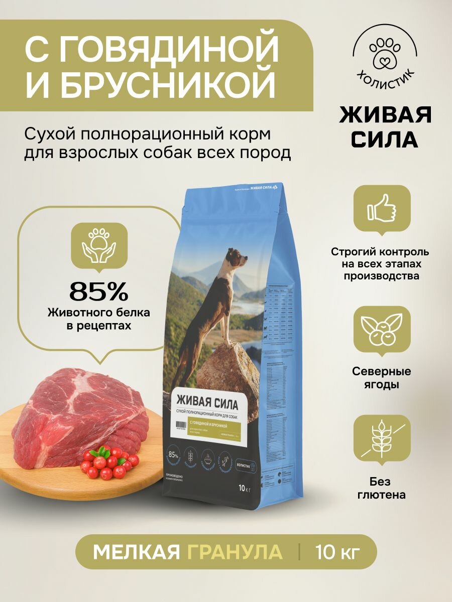 Сухой корм Холистик для взрослых собак с говядиной и брусникой мелкая гранула 10 кг