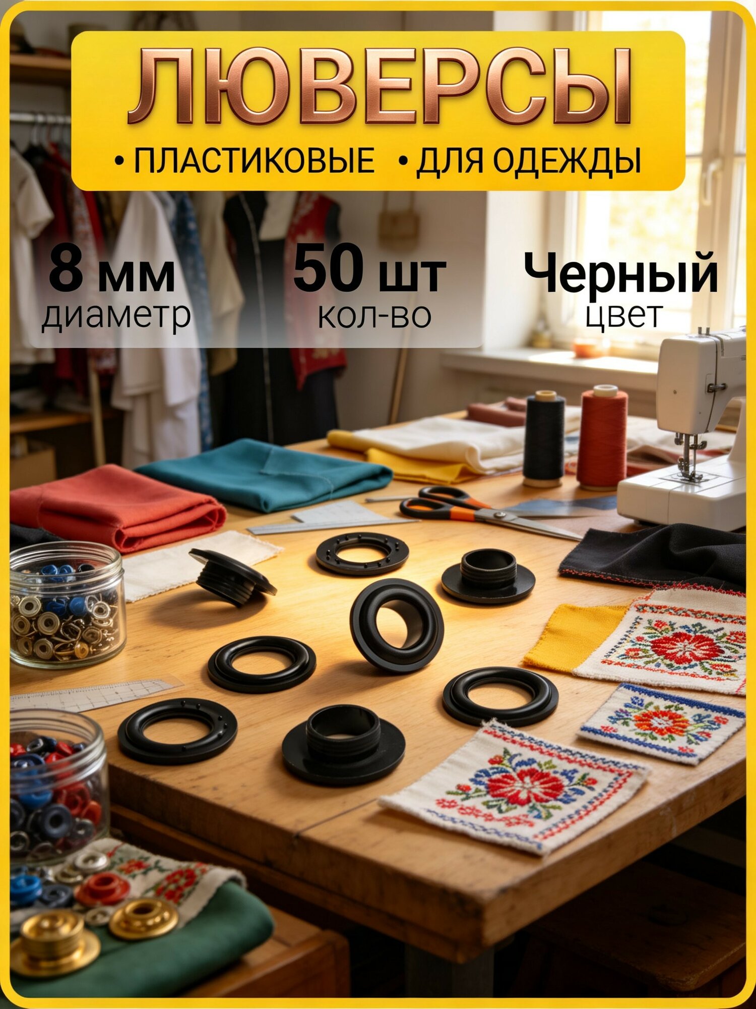 Пластиковые люверсы для ткани и баннеров, защёлкивающийся комплект блочка и кольцо 8 и 10 мм в чёрном и белом, лёгкие и коррозиеустойчивые