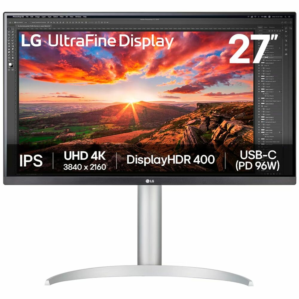 Монитор 27" LG 27UP850K-W IPS, 3840x2160, 60Hz, 5ms, 400сd/m, 1200:1, HDR10 | 2xHDMI(2.0), DP(1.4), Type-C(PD-90W), 2xUSB3.0 | HAS, Swivel, ExPSU, Speakers, Vesa 100, Black/Silver
