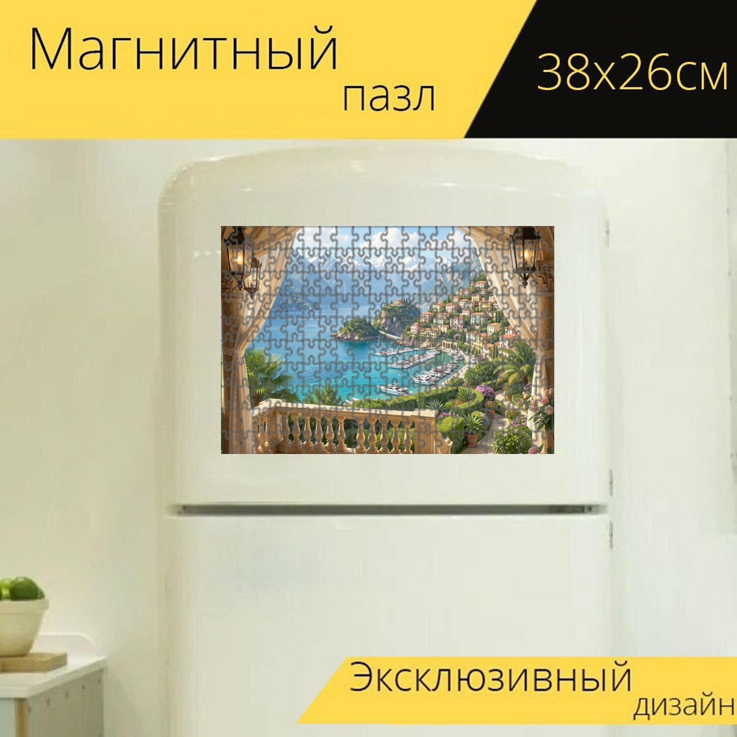 Магнитный пазл "Средиземноморская бухта с яхтами. Панорамный вид с террасы с колоннами и светлыми шторами на лазурное побережье, марину, виллы на склоне." для интерьера, 38х26 см.