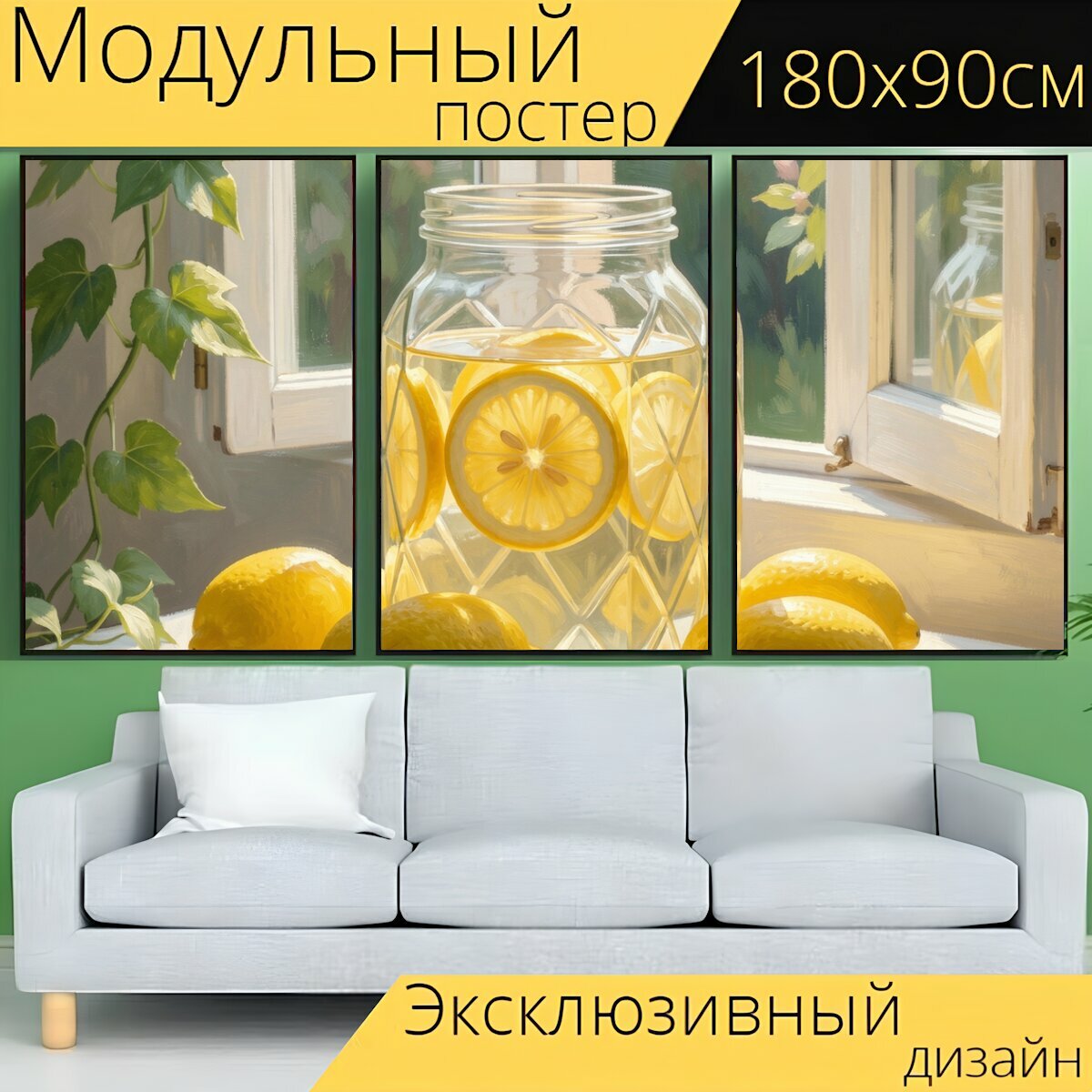 Модульный постер "Лимоны у солнечного окна. Натюрморт в светлой кухне: стеклянная банка с водой и кружками цитруса, рядом спелые." 180 x 90 см. для интерьера на стену в тубусе