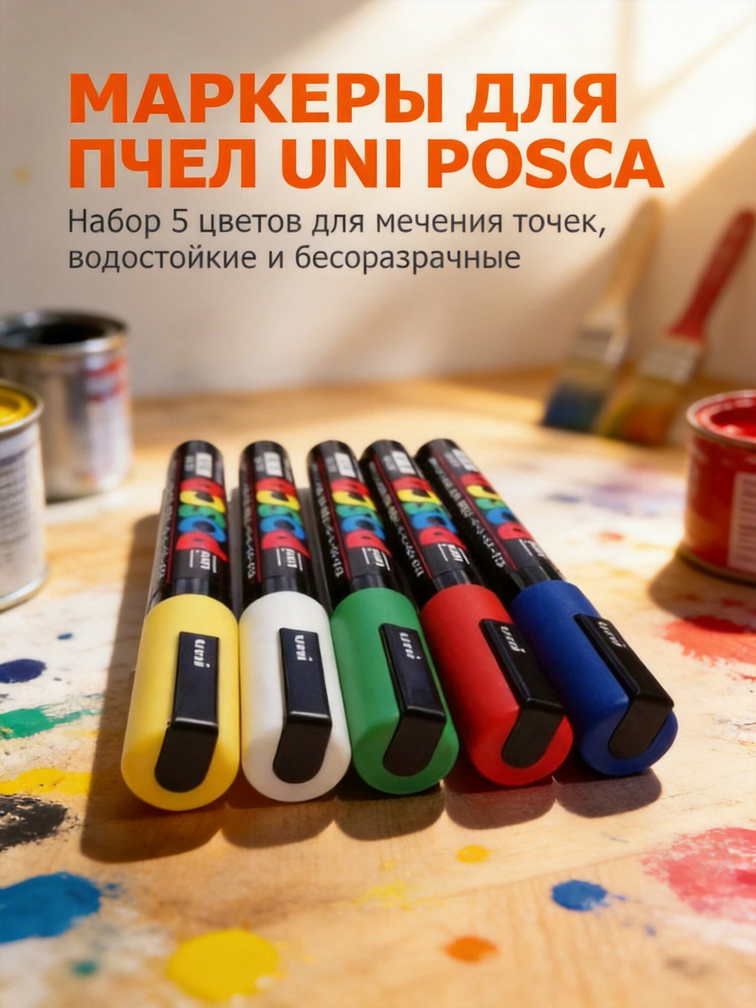 Uni Posca PC-5M, маркеры для метки пчелиных маток — набор 5 водостойких и светостойких японских акриловых цветов
