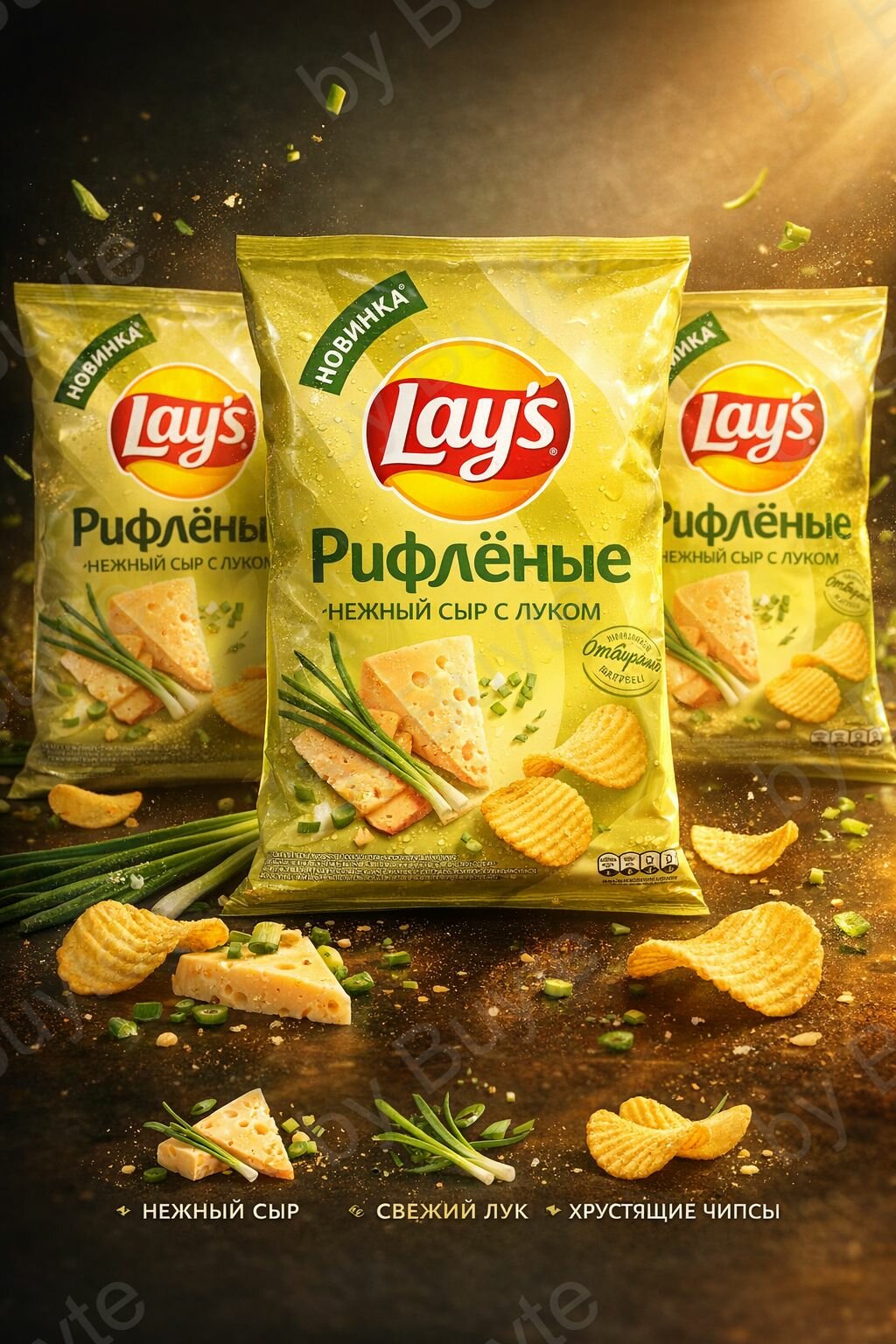 Чипсы картофельные Lay's/ Лейс Рифлёные/ Нежный сыр с луком, 3 по 105г