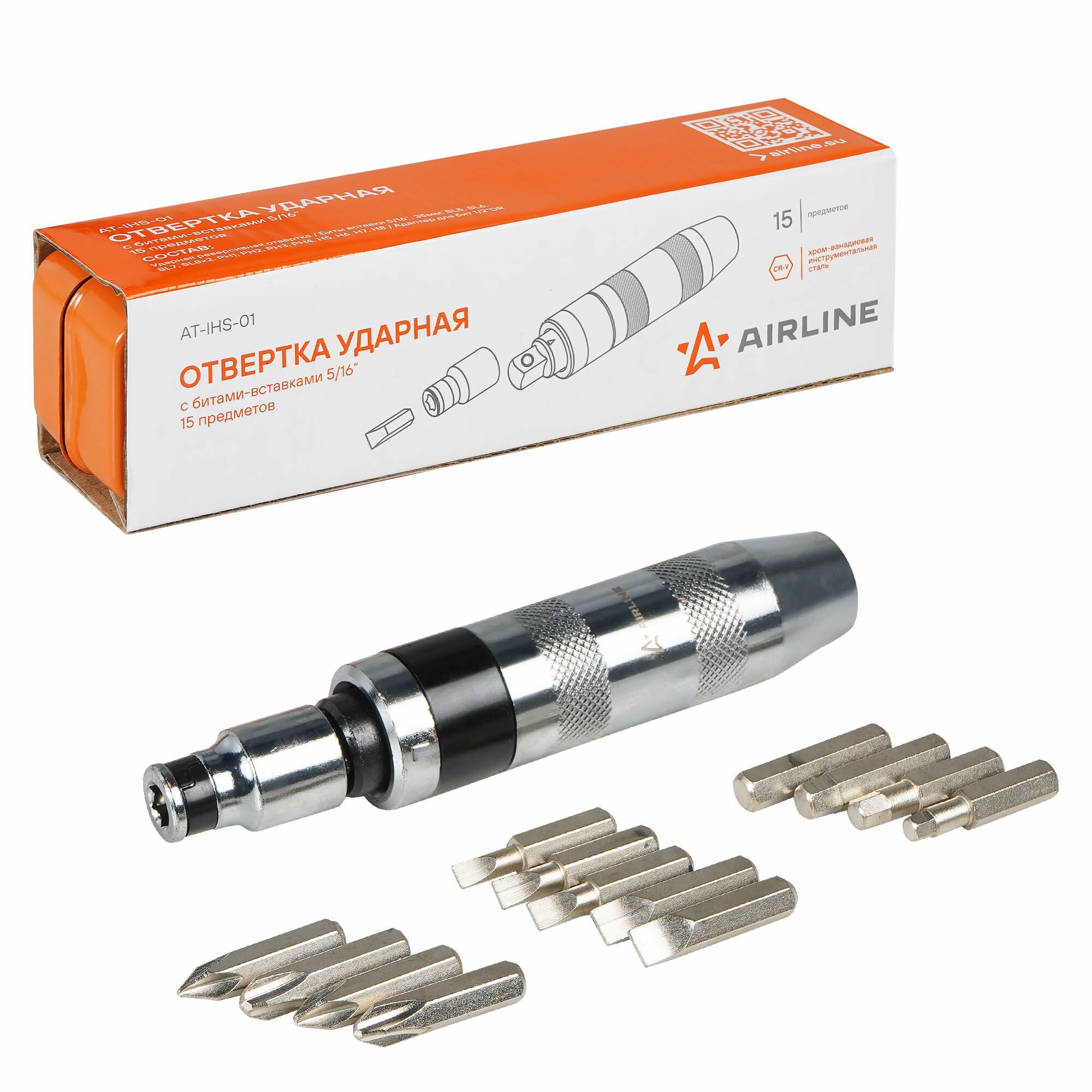 Отвертка ударная шлиц крест 6 бит (SL) 8,10,12мм РH2,3,4 5/16 L 36мм (AIRLINE)