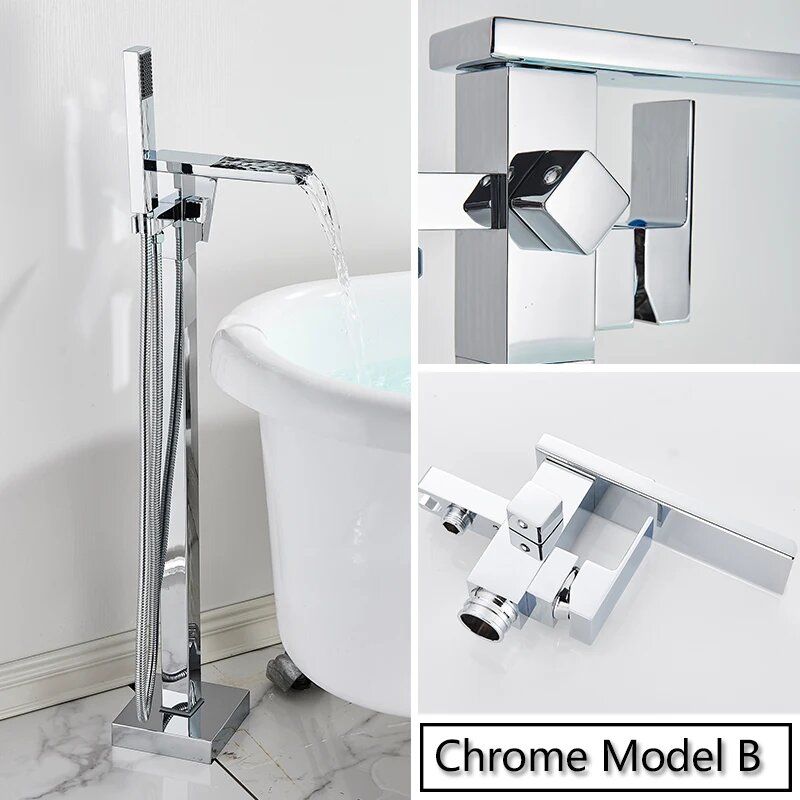 Кран для ванны и душевой кабинки Rozin Chrome Свободностоящий водопадный кран для ванны Напольный смесительный кран для горячей и холодной воды с ручным душем - Душевой кран B