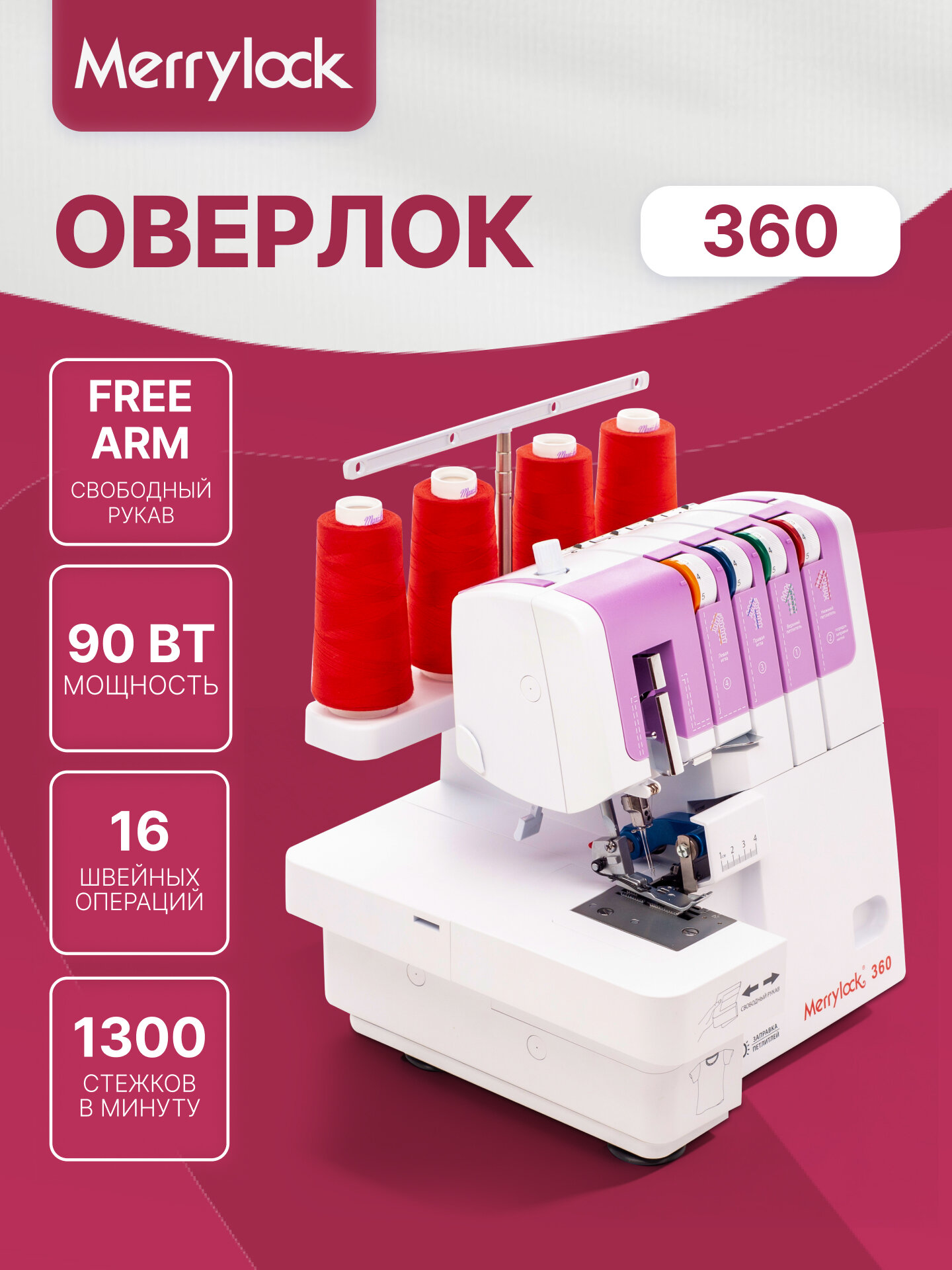 Оверлок Merrylock 360, 16 видов швов, регулятор давления лапки, дифференциал