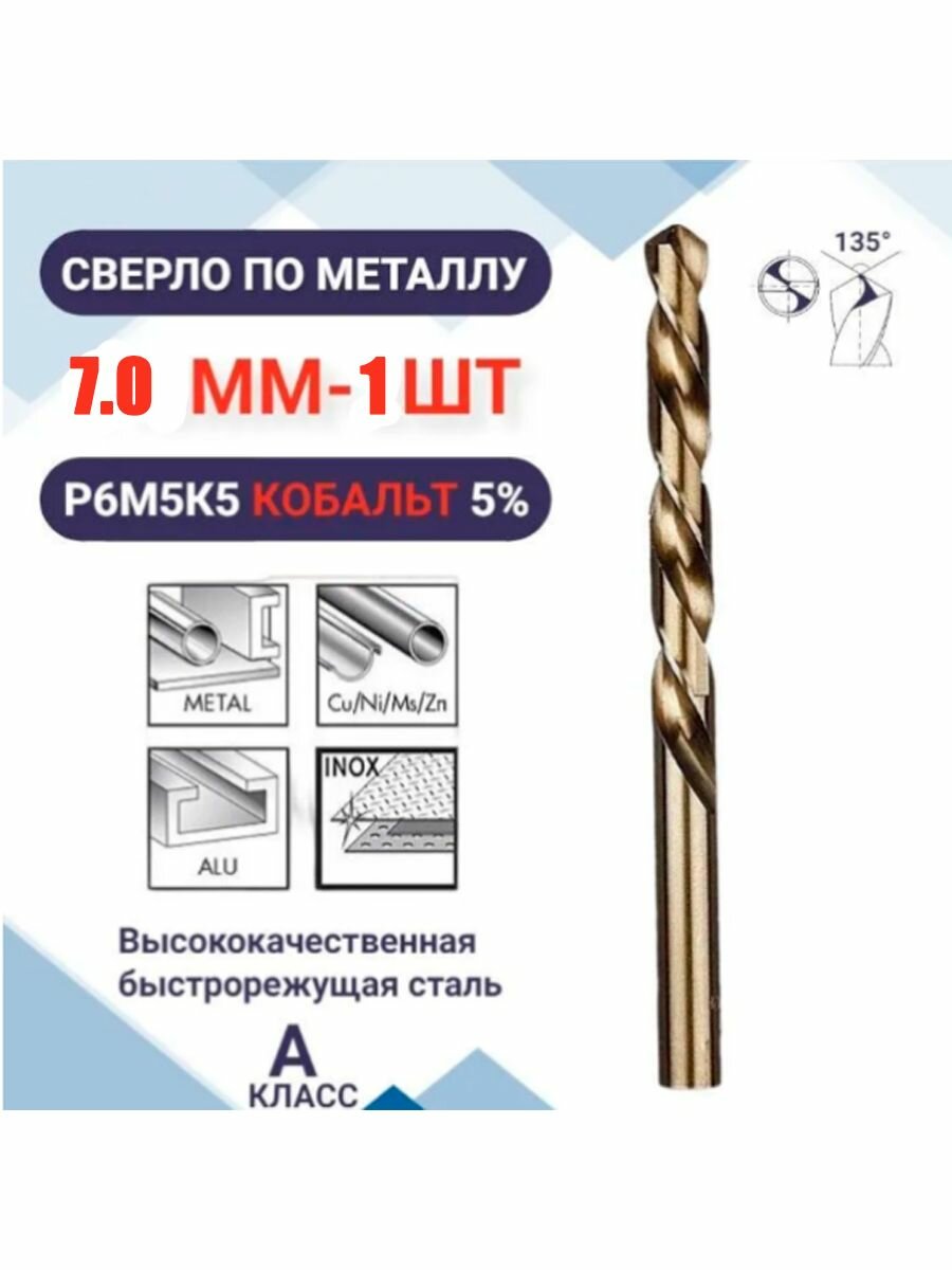 Сверло по металлу кобальтовое (Р6М5К5) М35 7.0 мм - 1 шт.