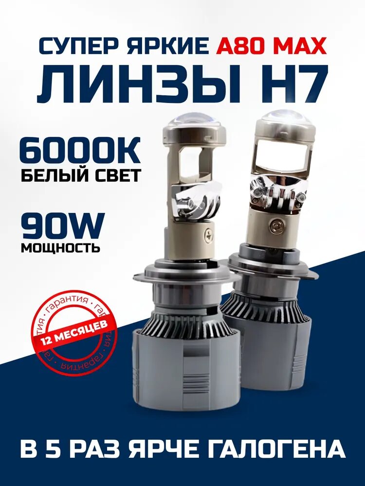 Мини линзы A80 H7 MAX - Светодиодные лампы H7, LED лампы Н7 с линзой