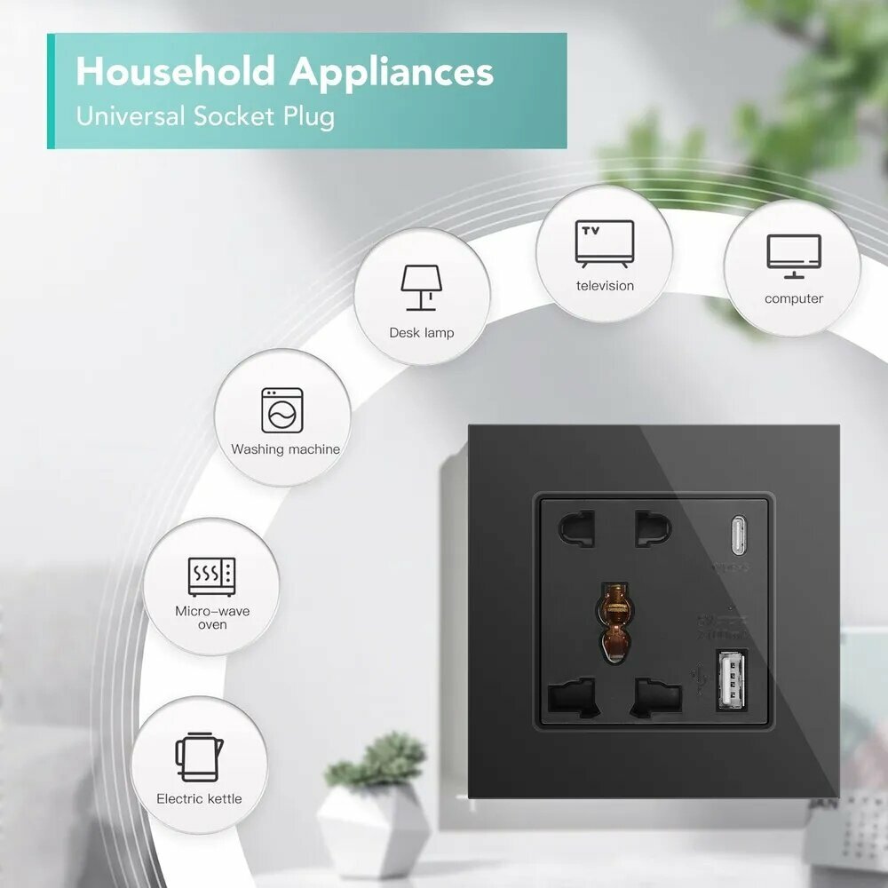 5 Pin Universal Wall Socket, с USB C & USB A, Многофункциональный, Применимый для более чем 180 стран Тип разъема, Стеклянная панель