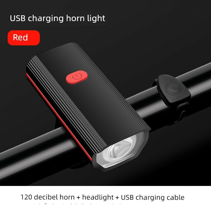 USB-перезаряжаемый передний фонарь для велосипеда с гудком 120 дБ, 2 в 1, компактный, красный