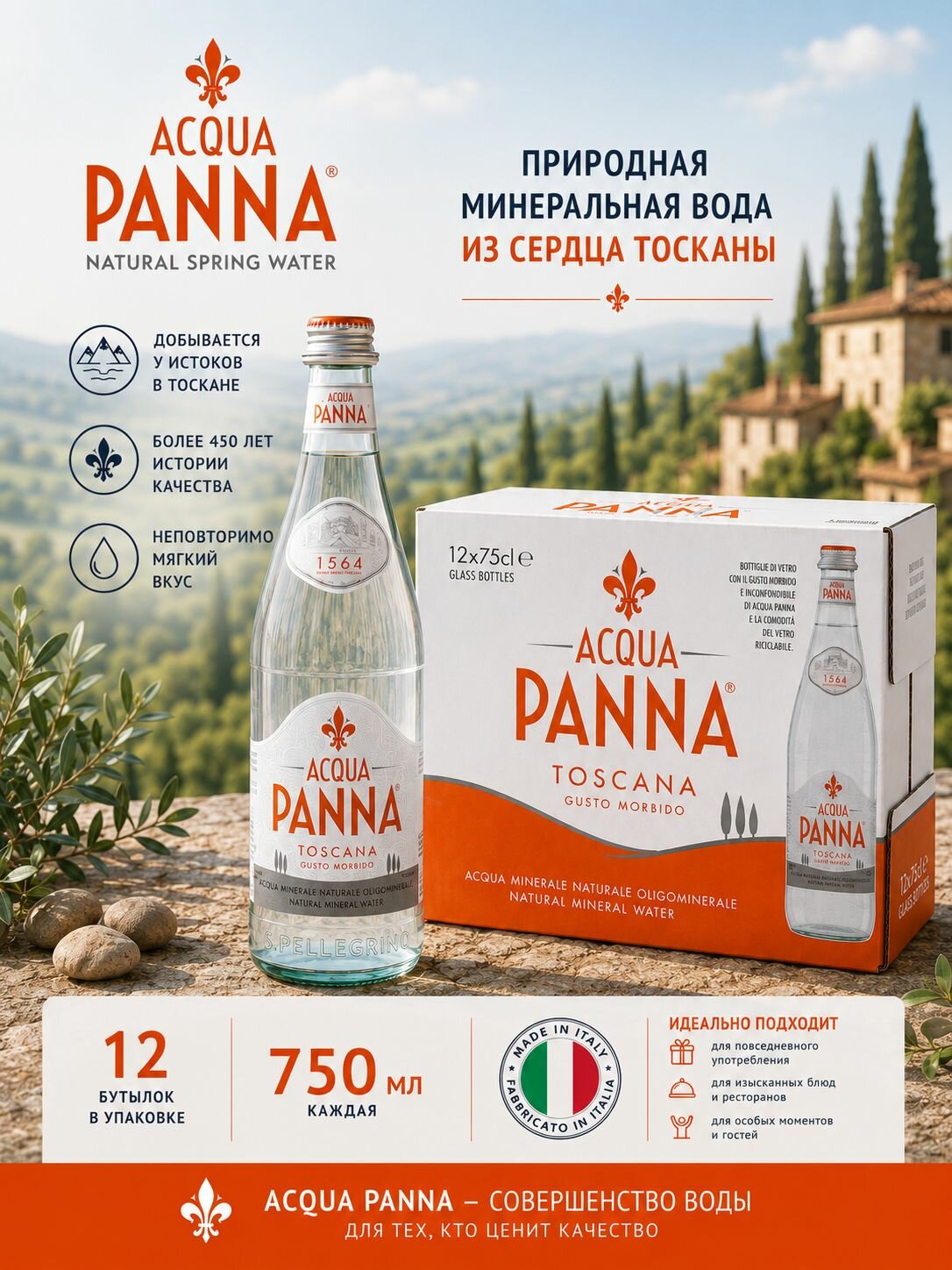 Вода Acqua Panna (Аква Панна) минеральная, без газа, 0,75 л х 12 шт