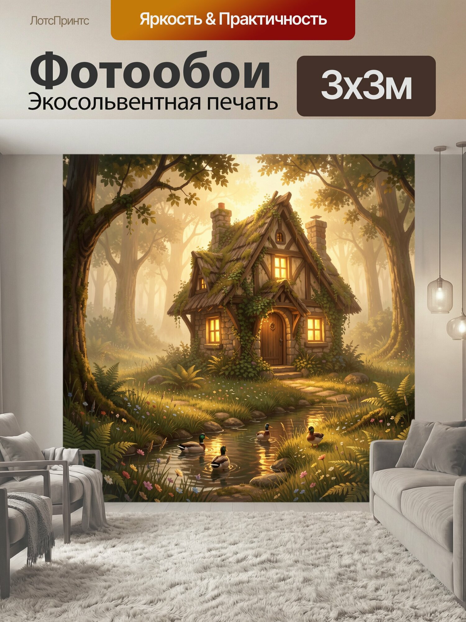 Фотообои "Сказочный домик в лесу. Уютное лесное жилище в лучах мягкого рассвета, заросшее мхом и плющом. Тёплое свечение окон, ручей, дикие." 300x300 см. экосольвентная печать