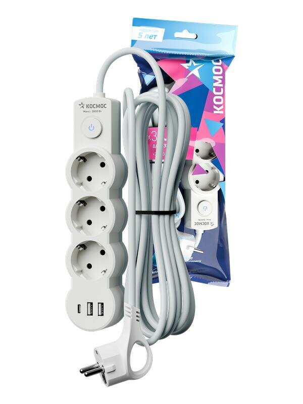 Удлинитель 3х3м с заземл. 10А IP20 USB 2800Вт 220В ПВС 3х1 с выкл. бел. Космос YKsm3m3g-Z-VU10А-W